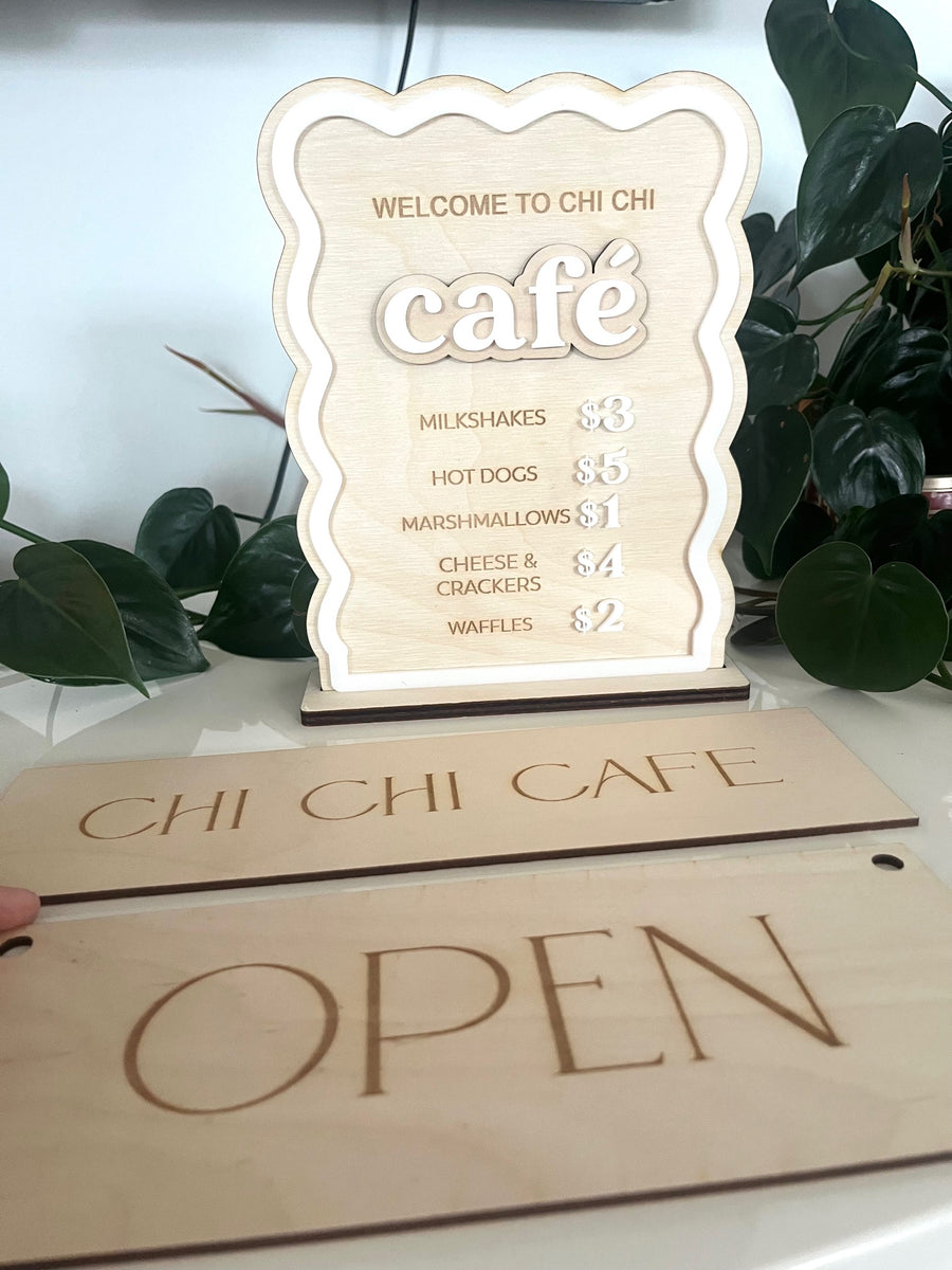 Kids Wooden Café Play Set | Pretend Play Signs | Geez Creations
